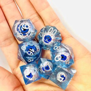 dnd eyeball dice-set sharp edges - idtq dungeons and dragons polyhedral blue bloodshot translucent dice set rpg mtg table games d4 d6 d8 d10 d12 d20 (blue eye)