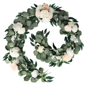 cocoboo 5.9ft eucalyptus garland with rose flower wedding arch flowers white flower garland for wedding arch party garden decor (champagne&white)