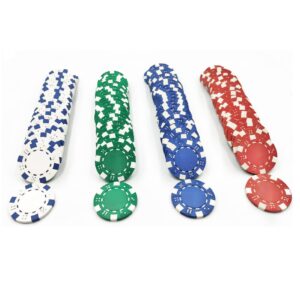 seetooogames 100 pieces 11.5g clay composite dice striped casino poker chips- 4 colors (red, green, white and blue)