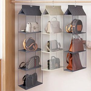 handbag hanging organizer, 4 pocket hanging purse organizer handbag storage hanger oxford cloth closet organizer for family closet bedroom, foldable and universal fit, beige, gray (4 tiers, gray)