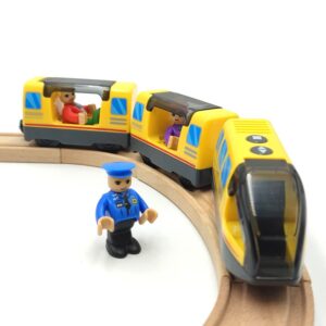 battery train magnetic connection inter city train with figures for wooden train track toys locomotive train toys for toddlers 3 4 5 year old kids (no-include battery and track)