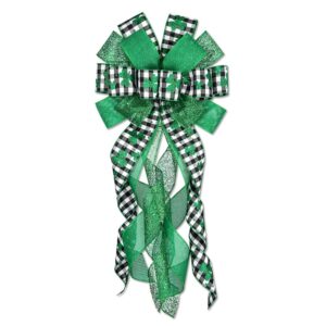 large saint patrick tree topper bows, st patricks green glitter clover long buffalo plaid bows for saint patrick's day home garden indoor outdoor decoration wreath ornament supplies, 13 x 30 inches