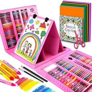 art supplies for kids, art set, art kit, drawing kits, art and crafts with origami paper, scissors, coloring book, crayons, markers, kindergarten homeschool supplies christmas birthday gift (pink)