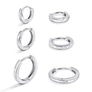 gold hoop earrings sets women - 3 pairs sterling silver small huggie cartilage hoops hypoallergenic jewelry for woman, mini thin surgical fashion set for sensitive ear (silver)