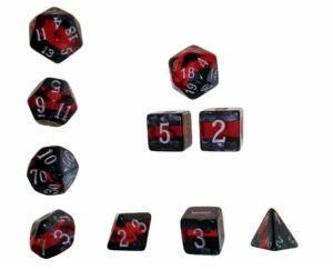 marbled black with a ruby red translucent vein set of 10 dice for role-playing games (includes a d20 initiative advantage die and two special d6 max damage dice) rpg