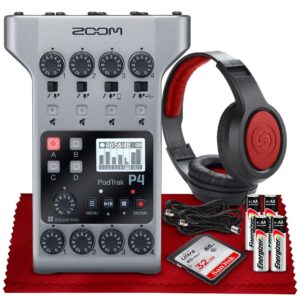 zoom podtrak zp4 podcast recorder audio interface has 4 mic inputs, 4 headphone outputs plus a basic accessories bundle including a samson sr360 headphones a memory card and more