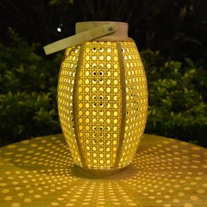 hanging solar lanterns outdoor - solar powered rattan woven table lamp with warm yellow led light garden decorative hanging lanterns for patio yard garden home pathway decor