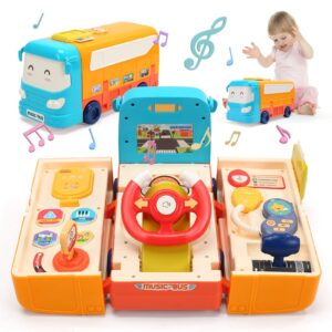 holyfun bus car toy for toddler, kids play bus with steering wheel toy, sound and light, music school bus toy, educational bus driving toy gift for boys & girls