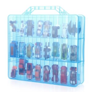 btsky double sided toy storage organizer with 48 compartments, toy organizer carrying case for hot wheels car, matchbox cars, mini toys, small dolls, and more mini cars collection(blue)