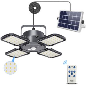 solar shed light outdoor/indoor, 4-leaf solar pendant light 1000lm 128-led with 4 lighting modes remote control, ip65 120° adjustable motion sensor light for home yard garage barn