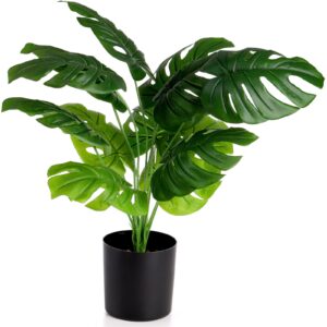 hacaroa artificial monstera deliciosa plant with 12 leaves, 23.5" tall faux tropical palm tree leaves in black pot, plastic swiss cheese plant decorative planter for home table, office desktop, garden