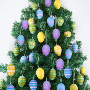 treory easter egg ornaments, 36 pcs hanging egg tree decorations with dots hearts bows flowers stripes, colorful plastic easter eggs decor for tree, kids school home office party supplies gifts