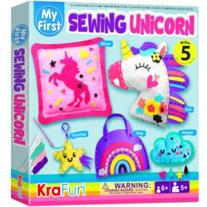 krafun my first unicorn kids sewing kit, beginner arts & crafts, make 5 cute projects with plush stuffed animal, pillow, mobile, keyring and bag, instructions & felt for learn sewing, embroidery