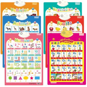 6pcs electronic interactive alphabet wall chart for kids, abc learning for toddlers,learning toys for toddlers, talking abc,123s,animal,fruits,vehicles & vegetables poster,preschool gifts for kids