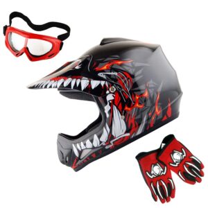 wow youth kids motocross bmx mx atv dirt bike helmet dragon dianasour red + goggles + mg youth red glove bundle