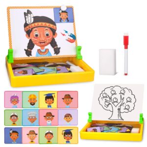 takihon magnetic puzzles toys with drawing board,double side magnet toys,face changing&dress up puzzles,preschool learning educational toy for kids,toddlers,boys,girls