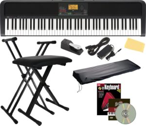 korg xe20 digital ensemble piano bundle with adjustable stand, bench, power supply, damper pedal, keyboard cover, instructional book, austin bazaar instructional dvd, and polishing cloth