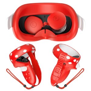 huiuke touch controller grip cover for quest 2 with silicone vr face cover pad and lens cover, 3 in 1 silicone cover set for quest 2, quest 2 accessories (red)