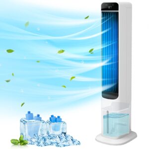 lifeplus 2-in-1 evaporative air cooler - 41” quiet cooling tower fan humidifier portable swamp cooler with bladeless design 2 ways add water 50° oscillation remote control 3 wind speeds 12h timer 4 ice boxes for home & office