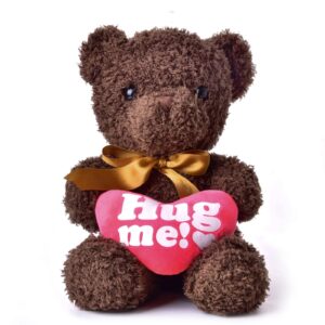 fun little toys 12'' teddy bear stuffed animal plush toy with heart hug me, small stuffed animals for girls boys easter teddy bear toy easter stuffed animal for kids dark brown bear for easter gifts