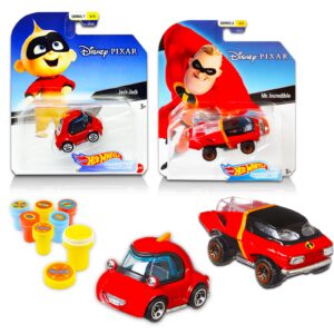 classic disney hot wheels incredibles character cars set - bundle with 2 hot wheels toy cars featuring mr. incredible and jack jack (party supplies and favors)