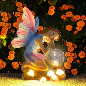 perfectop solar angel garden statue outdoor decor, resin fairy angel elf girl figurine with solar lights, garden art for patio lawn yard porch wedding home decoration, valentine's day women gifts