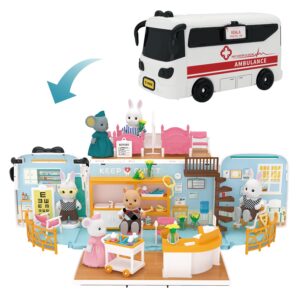 dollhouse playset for girls - kids pretend play doll house toy doctor kit hospital accessories, portable critter doll ambulance bus toys for toddlers boys girls birthday gifts 3 4 5 6 year old