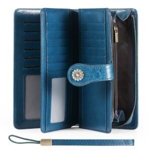 manbang wallets for women leather credit card holder with rfid blocking large capacity wristlet (blue)