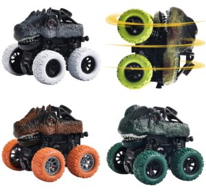 dinosaur monster truck toys for boys, 4 pack friction powered dino car toys for toddlers, push and go inertia car for kids, christmas birthday party favors gifts for 3 4 5 6 7 8 years old boys girls