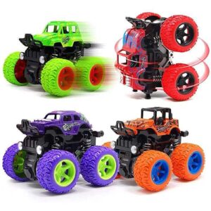 lefei monster truck for boys 3 4 5 6 7 year old,4 pack push and go friction powered car toys, double-directions inertia pull back vehicle set,birthday party gift for kids