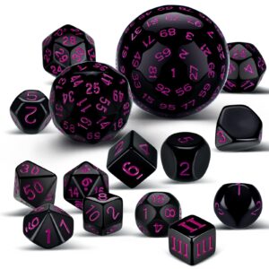 15 pieces complete polyhedral dice set d3-d100 spherical rpg dice set in opaque black, 100 sides dice set for role playing table games party supplies (black and purple)