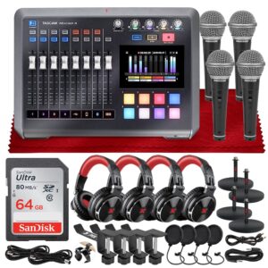 tascam mixcast 4 s podcast studio mixer station with built-in recorder/usb audio interface, 8 sound-effect, records 14 tracks, comes w/ deluxe 4s accessories bundle