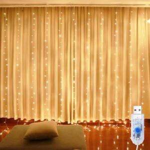 yaqimiya 300 led fairy curtain lights plug in 10x10ft,8 modes window wall hanging curtain string lights for bedroom wedding party indoor outdoor decoration (warm white)