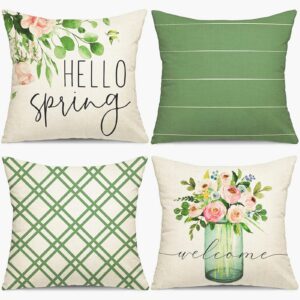 ygeomer 18x18 spring pillow covers, set of 4 pillow covers, spring summer farmhouse outdoor pillow covers green garden linen cushion case for home decor