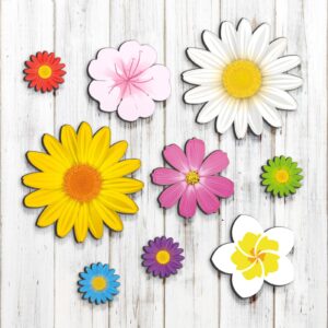 9 pieces wooden flower wall decor farmhouse flower wall art rustic wall flowers decorations wood flower wall boho hanging decor with hook and adhesive dots for home outdoor indoor patio garden decor