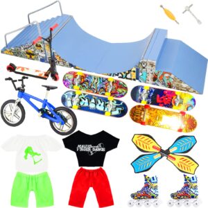 aestheticism half-pipe ramp skate park kit, bigger fingerboard ramps set with 11 pcs finger toys set including fingerboard, bike, scooters, clothing & big non-slip mat