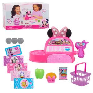 disney junior minnie mouse bowtique cash register with sounds and pretend play money, kids toys for ages 3 up, amazon exclusive by just play