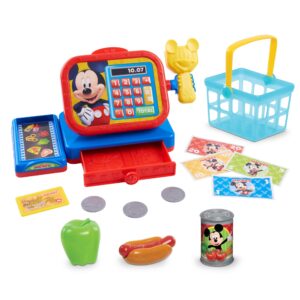 disney junior mickey mouse realistic sounds toy cash register with pretend play money, 14-pieces, kids toys for ages 3 up, amazon exclusive by just play