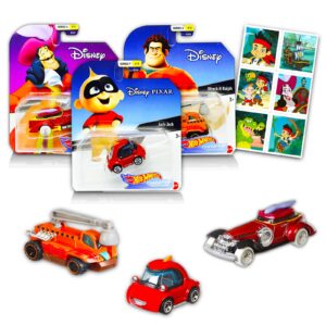 disney hot wheels character cars set - bundle with 3 hot wheels toy cars featuring captain hook, wreck-it ralph, and jack jack plus jake and the neverland pirates stickers (hot wheels toys)