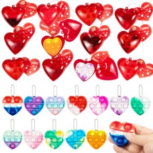 kids valentines day gifts for classroom - valentine prefilled hearts with poppers fidget keychains and gift tags for boys girls exchange gifts, party favor prizes, valentine’s greeting gifts, 12 pack