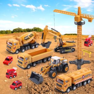 skirtoy kids construction vehicles playset with playmat, 18" crane toy, 10" excavator, tractor, dump truck, cement, 4 firetrucks, educational engineering toy set birthday gift for toddler boy 3+