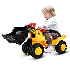 giantex ride on bulldozer truck for kids, excavator digger construction vehicles, pretend play sliding tractor, w/ multiple sounds, push bucket, low seat, anti-skid tires, front loader ride-on large