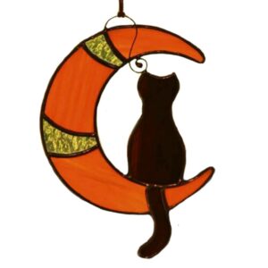 black cat decor on white moon, stained glass window hangings, cat suncatcher window panels hangings sun catcher ornament decoration for wall home garden decor bird cat, gift for cat lovers (orange)