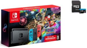 nintendo switch with neon blue and neon red joy-con, mario kart 8 deluxe (full game download), 3 month nintendo switch online individual membership, kke 128gb microsd card holiday bundle (renewed)