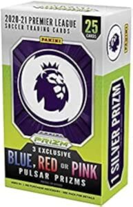 2020-21 panini prizm premier league cards - blaster cereal box (25 cards - 1 base silver prizm, 1 base blue pulsar prizm, 2 exclusive base pulsar prizms & 1 insert)