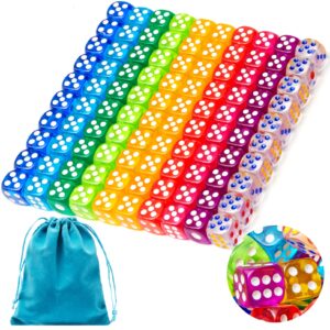 100 pieces dice set,12mm 6 sided dice,translucent colors dice acrylic dice,square corner dice with velvet pouch,10 color dice for board games,colored dice bulk for classroom accessories teaching math