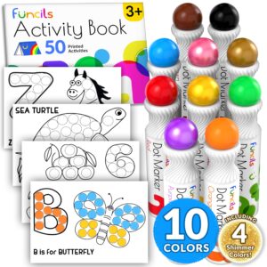 funcils 10 washable dot markers for toddlers - non toxic paint dotters & bingo markers - dot markers for kids & preschoolers | dabber markers for kids | fun dot art supplies with 50 activity sheets