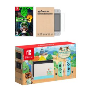 animal crossing switch limited edition 32gb console with luigi mansion 3 game and capon screen protector holiday gift bundle (renewed)