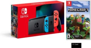 nintendo switch deluxe holiday game bundle: nintendo switch with neon blue and neon red - 6.2" touchscreen lcd display + nintendo switch minecraft game and t.f. card (renewed)