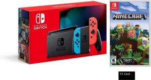 new switch deluxe holiday game bundle: nintendo switch with neon blue and neon red - 6.2" touchscreen lcd display + nintendo switch minecraft game and t.f. card